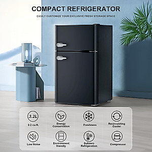 Antarctic Star Mini Refrigerator 3.2Cu.Ft Compact Fridge 2-Double Doors with a Freezer Low Noise Defrost Storage of Beverages Vegetables and Fruits for Home Office Dorm, Emboss Black