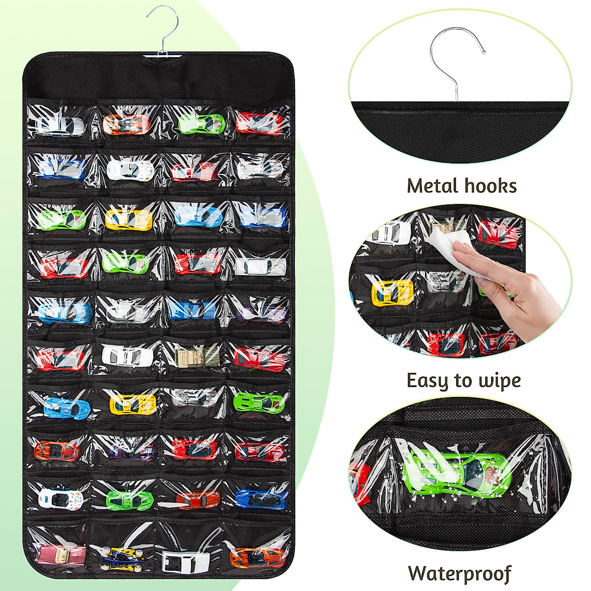 JOYMOMO Hanging Organizers for Toy Cars Double Sided 80 Pockets Display Case for Toy Cars (Without Toy Cars) (80 Slots Black)