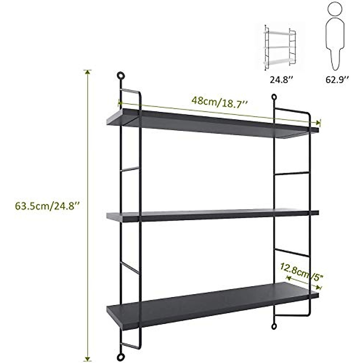 BATHWA 3 Tier Floating Shelves Metal Brackets Wall Mounted Shelves for Living Room Bedroom Office Kitchen Decor Hanging Shelf, Black