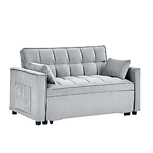 FULife Sleeper Sofa, Convertible Futon Loveseat Sofá Chair 3-in-1, Pullout Chaise Lounge Couch Bed 2-Seat with Adjustable Back for Living Room Apartment Small Space, Gray 55.2" w