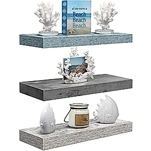 Sorbus Floating Shelves for Wall - 3 Pack Coastal Beach Wall Decor for Bedroom, Bathroom, Living Room, Office, Home & Kitchen - White/Grey/Blue Rustic Wood Hanging Wall Shelf for Books, Frames, Trophy