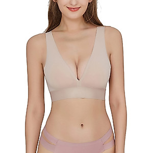 Seamless Bras for Women No Underwire Sexy V-Neck Invisible Bra Comfort Unlined Triangle Bralettes for Women with Support Beige