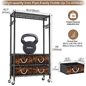 Maiproo Clothes Rack with Drawers Rolling Heavy Duty Clothing Racks for Hanging Clothes Garment Rack with 4 Fabric Drawers Adjustable with Double Side Hooks Wardrobe Closet Portable Storage Black