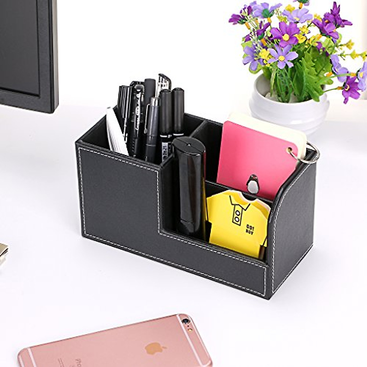 BTSKY PU Leather Desk Pen Pencil Holder- Multi-functional Desktop Organizer Storage Box Business Card Pen/Pencil Mobile Phone Remote Control Stationery Holder Home Office Table Top Organization Decor(black)