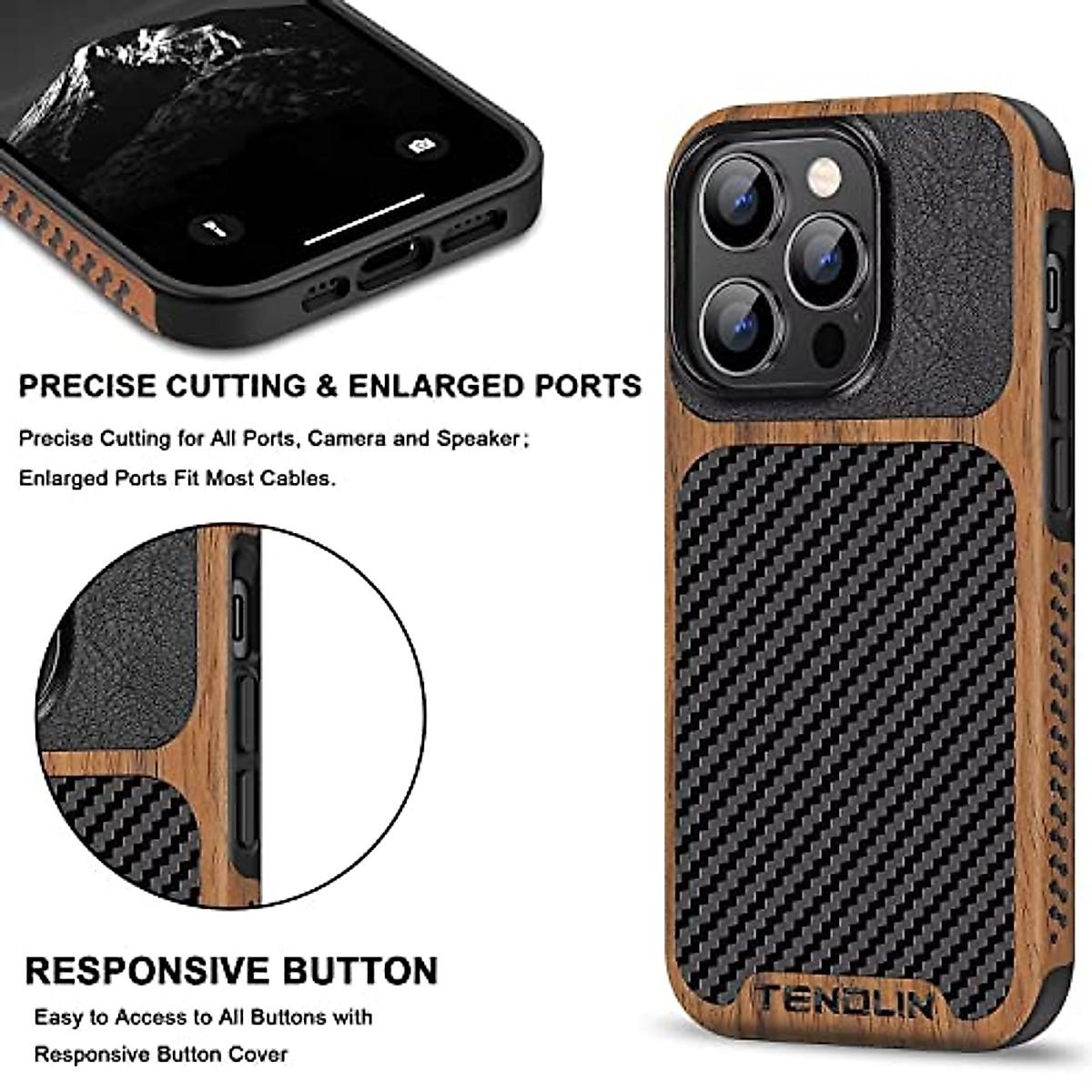 TENDLIN Compatible with iPhone 14 Pro Case Wood Grain with Carbon Fiber Texture Design Leather Hybrid Slim Case Black