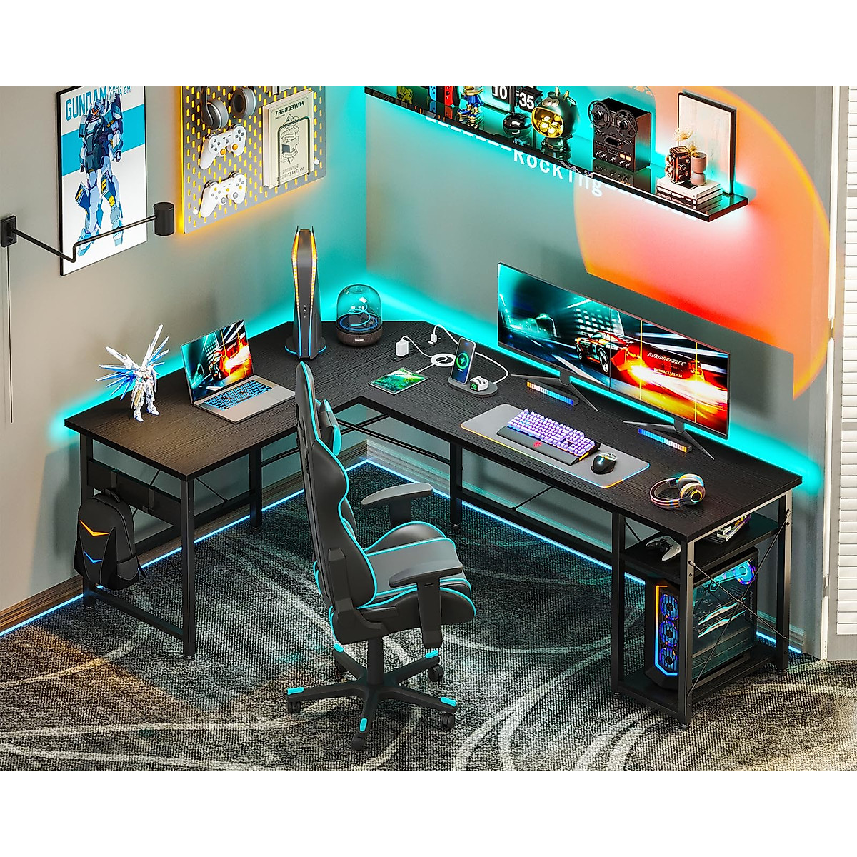 Coleshome L Shaped Computer Desk 66" with Power Outlet & Storage Shelves, Corner Sturdy Writing Desk Workstation, Modern Wooden Office Gaming Desk, Wood & Metal, Black