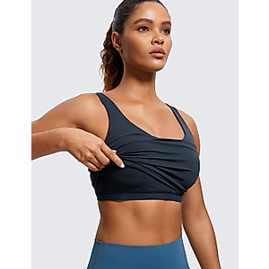 CRZ YOGA Butterluxe Womens V Neck Longline Sports Bra - Padded Workout Crop Tank Top with Built in Bra True Navy Medium