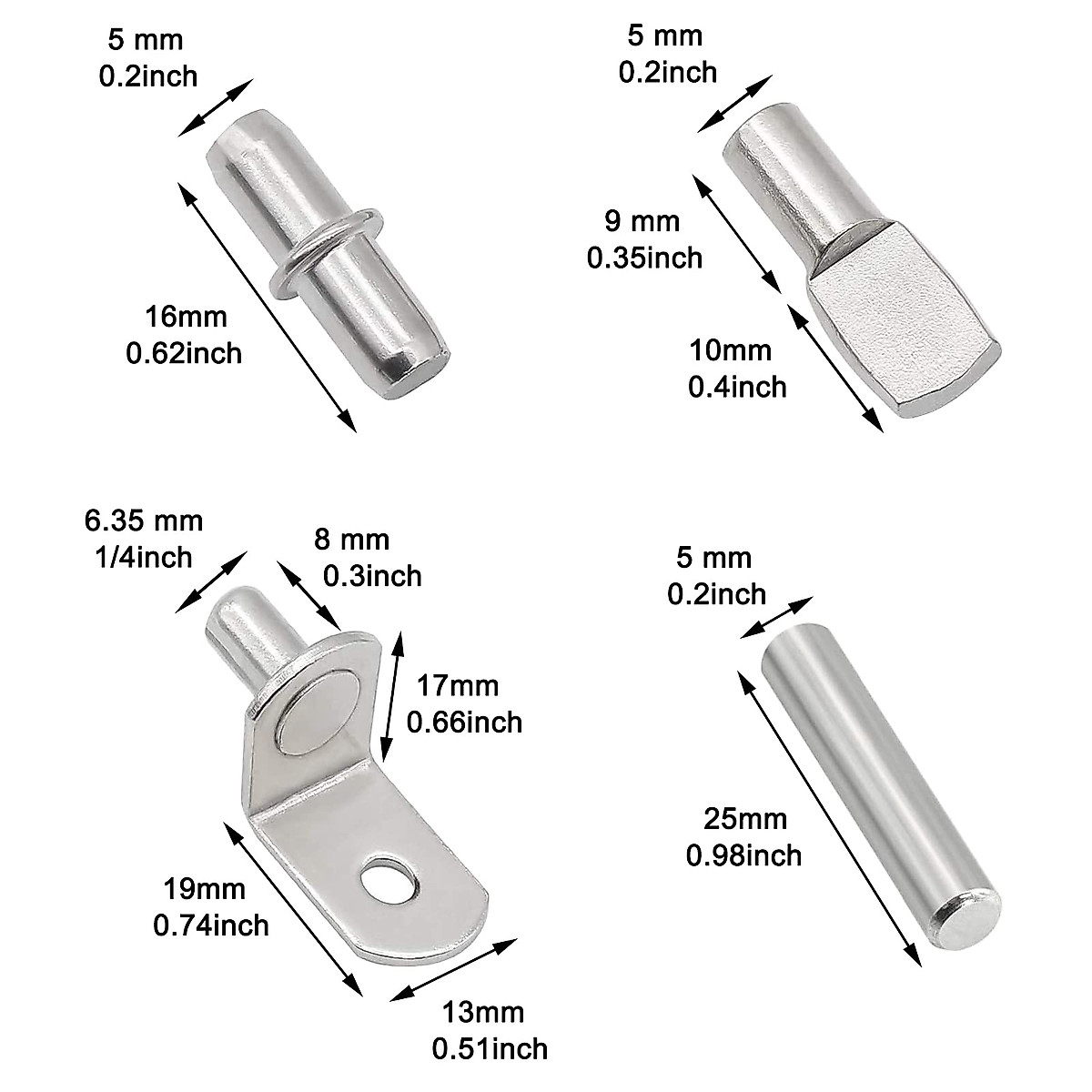 104Pcs Shelf Pins Kit,4 Styles Nickel Plated Shelf Support Pegs,Bookshelf Pegs for Shelves,Cabinet Shelf Bracket Pegs Shelf Pins Holders for Kitchen Furniture & Closet ( 5mm & 1/4inch )