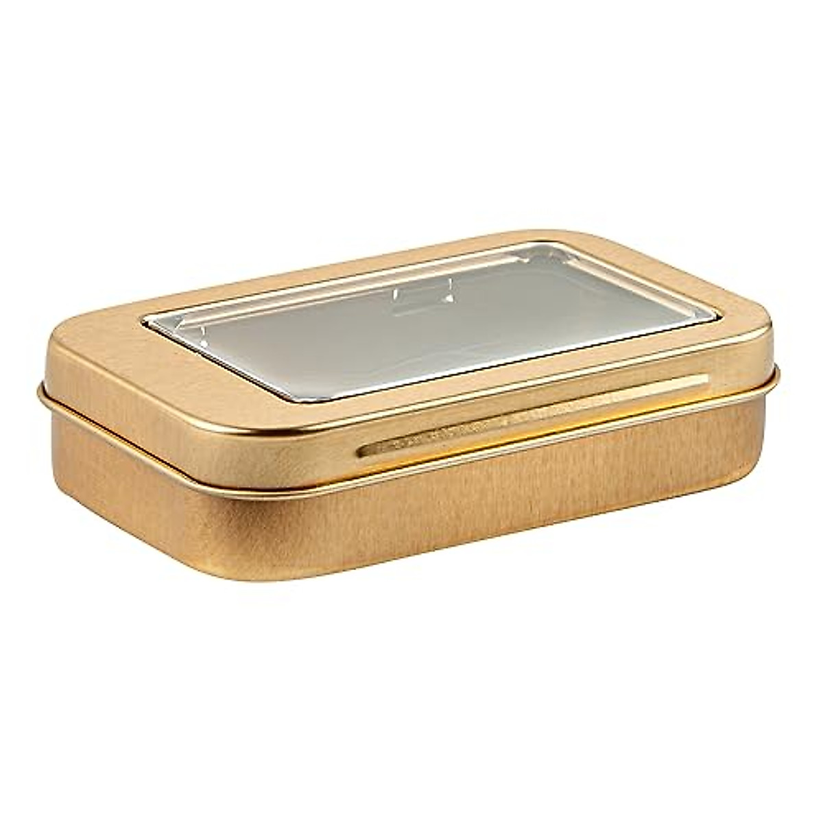 Restaurantware RW Base 4.5 Ounce Rectangular Tin Containers 10 Durable Tin Boxes With Lids - Clear Window Lids Rounded Edges Gold Tin Storage Containers Customizable Fits Mints Or Pills