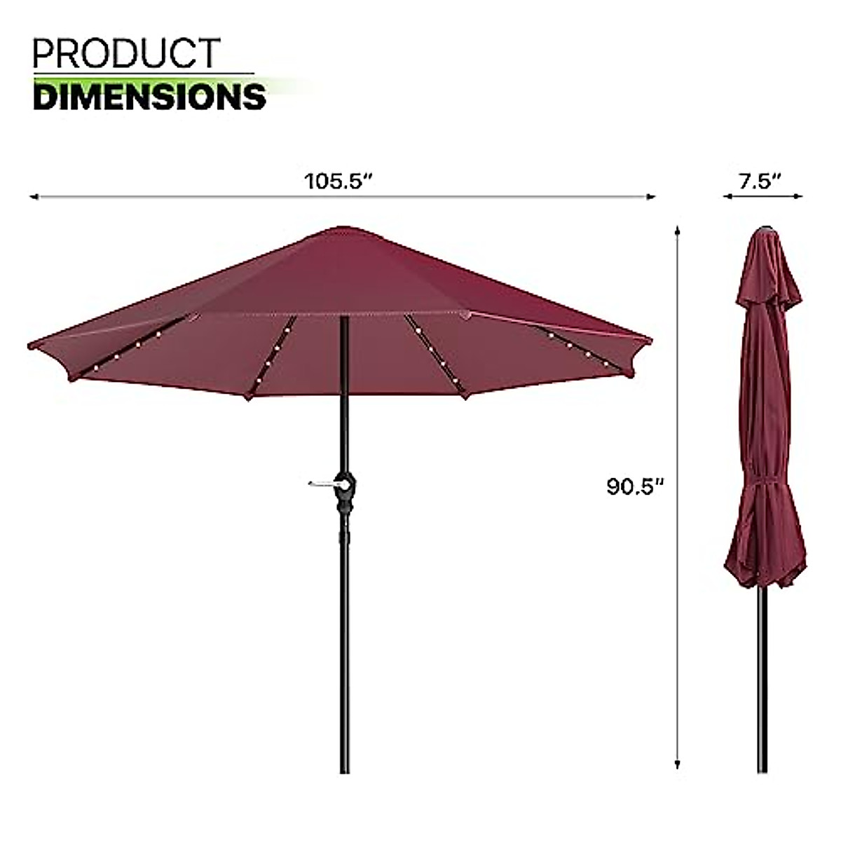 Magshion 9FT Solar Patio Umbrella with 32 LED Lights, Outdoor Market Umbrella with 8 Steel Ribs & Crank Lift, Windproof Sunshade for Garden, Deck, Backyard & Pool (Burgundy)