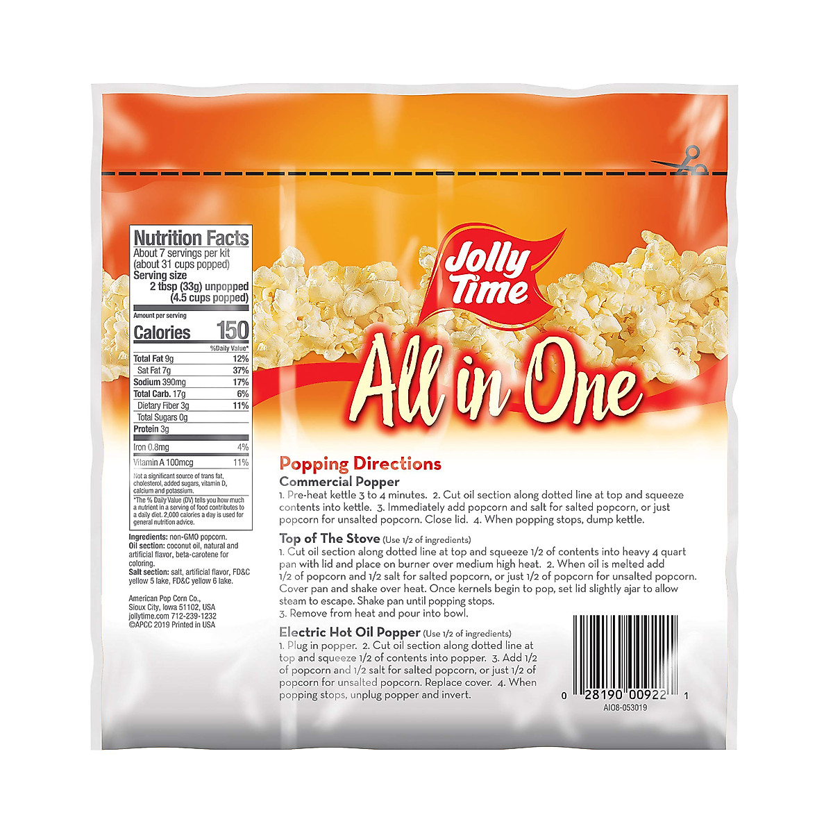 JOLLY TIME All in One Popcorn Kit, Portion Packets with Kernels, Oil and Salt for Movie Theater or Air Popper Machines (24 pack, 6oz Kettle)