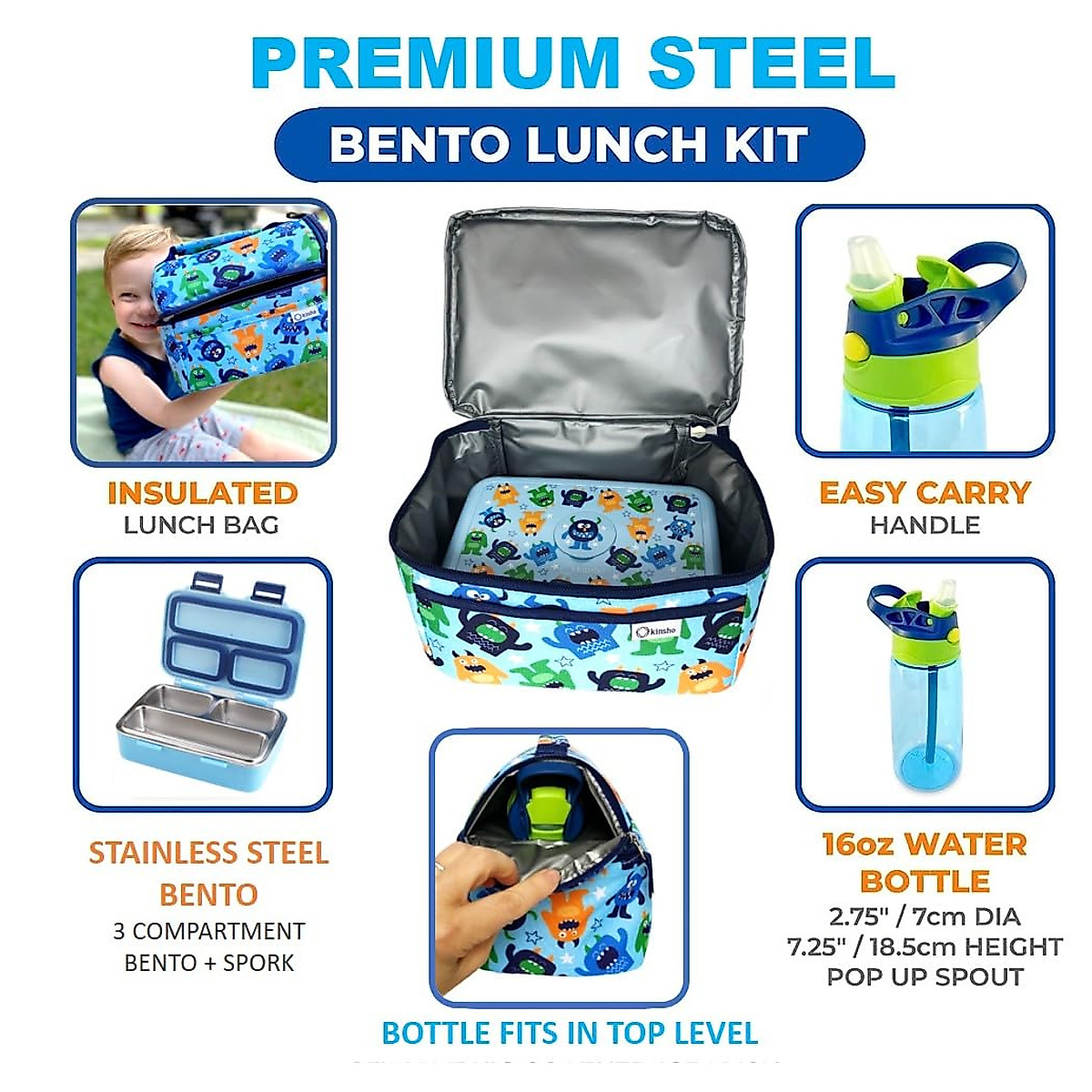 Stainless Steel Bento Box for Toddlers, Insulated Lunch Bag Water Bottle Set for Kids. Metal Snack Container for Small Children, Baby Boys, Toddler Daycare or Pre-School Lunches, Cute Blue Monster