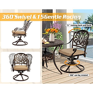 TITIMO 5-Piece Outdoor Patio Dining Set, All-Weather Cast Aluminum Patio Conversation Set with 4 Cushions Swivel Chairs and 35.4" Round Table, Umbrella Hole,for Backyard Garden Deck (Khaki)