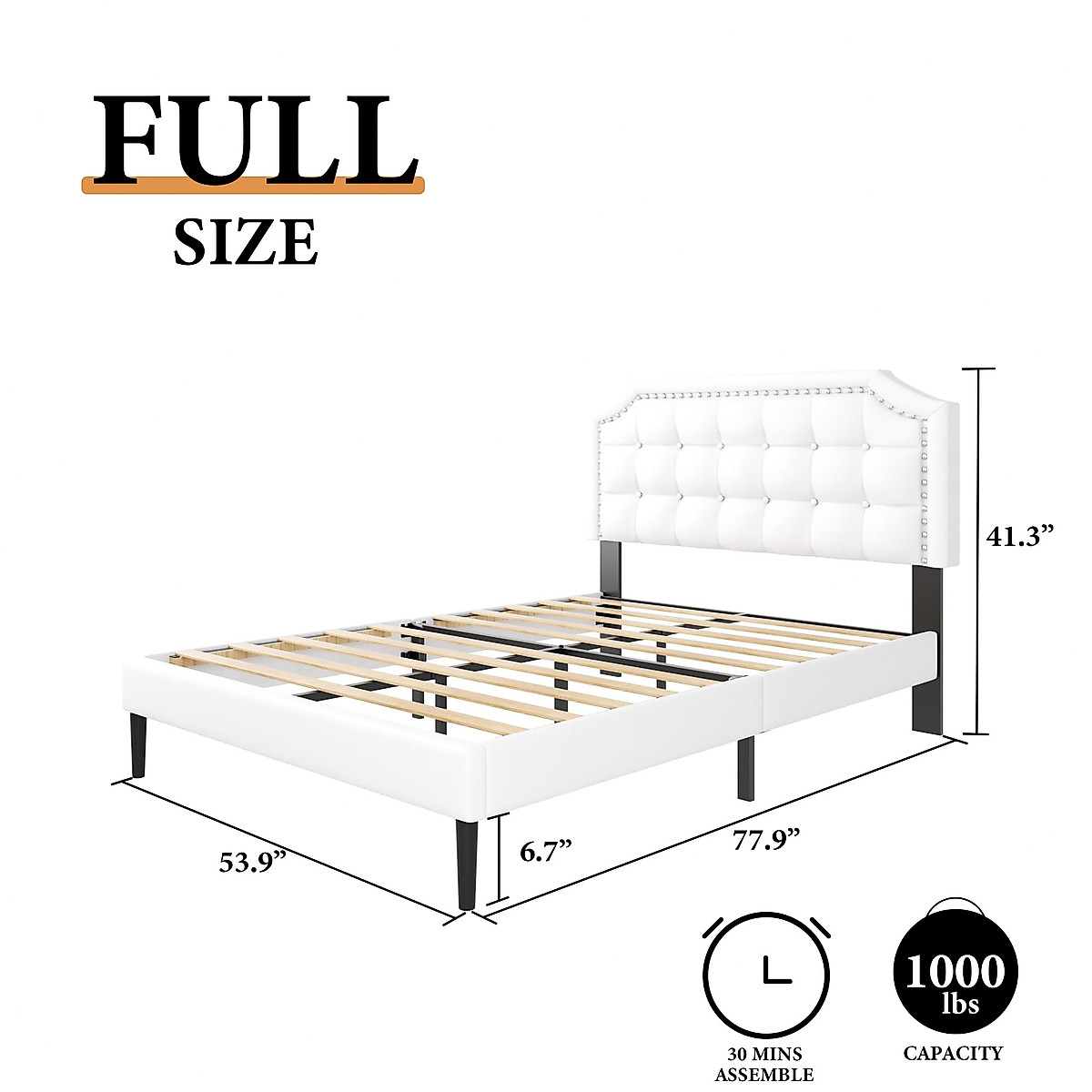 CXVX Full Size Platform Bed Frame with Headboard, Button Tufted & Rivet Design, No Box Spring Needed, Easy Assembly, No Noise, White Faux Leather