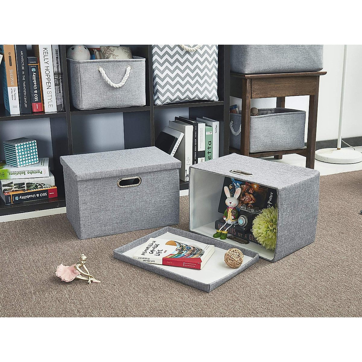 AlphaHome Large Storage Bins with Lids [2 Pack], Foldable Linen Fabric Large Storage Baskets for Organising Clothes and Toys(Glaucous Grey, Large - 15.4 x 10.6 x 9.8)…