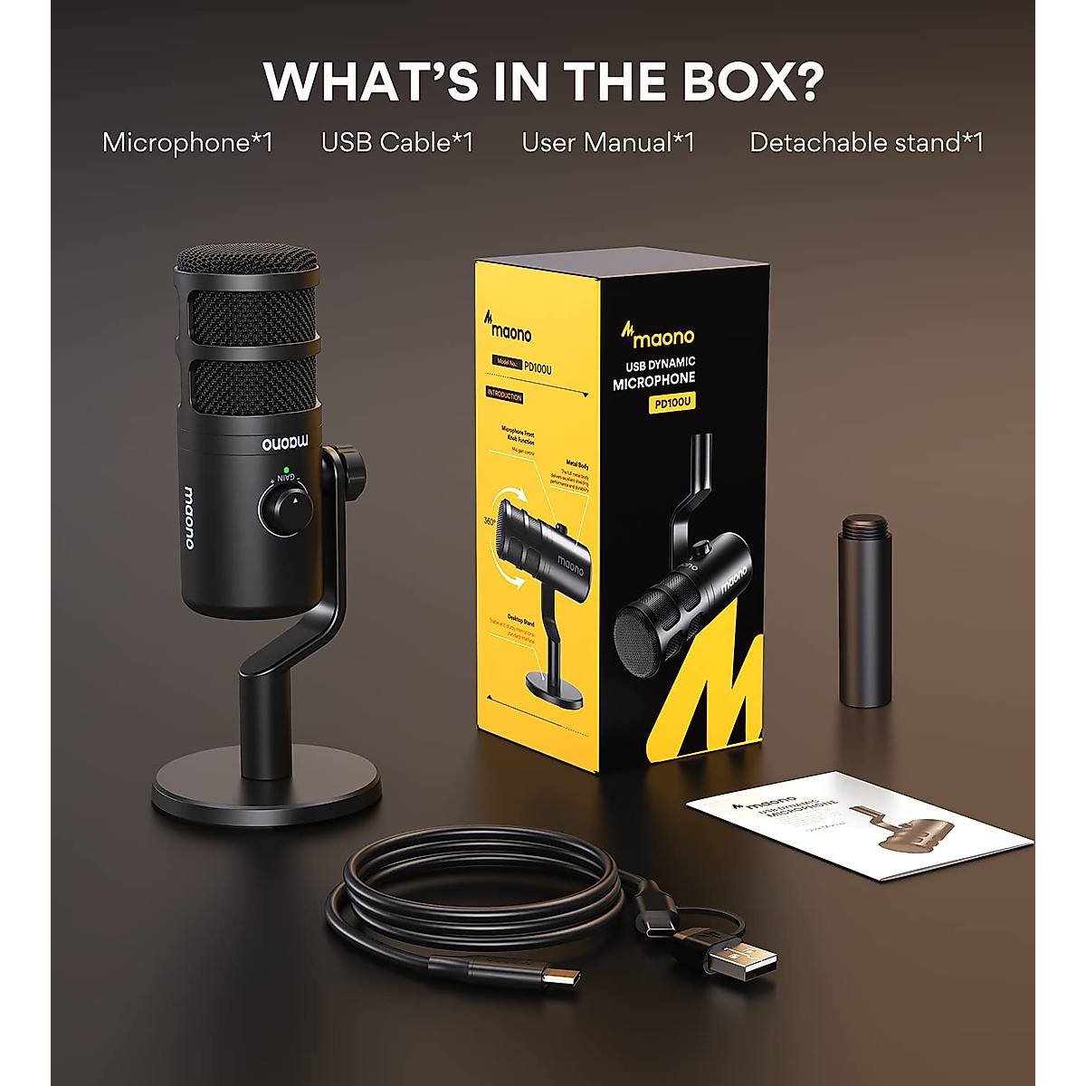 MAONO USB Dynamic Microphone, Podcast Recording Microphone with Gain Knob, Plug & Play, Metal Structure, Voice-Isolating Technology, Cardioid Studio PC Mic for Streaming, Vocal, Home Studio-PD100U