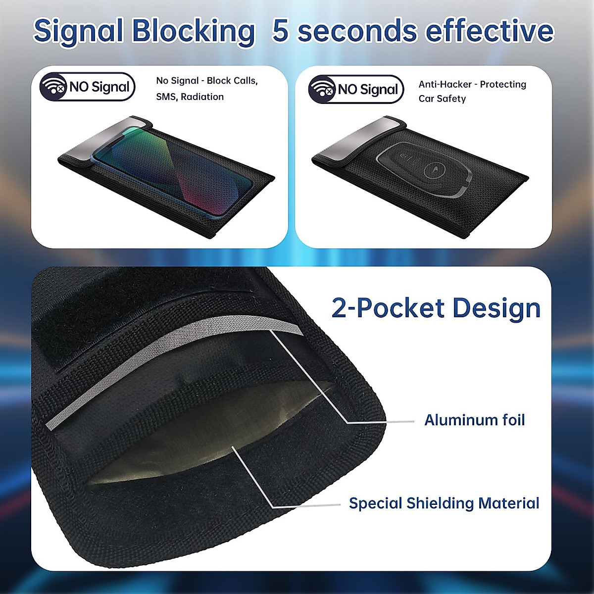 Upgraded 2 Pockets Faraday Bags(2 PACK), RFID Signal Blocking Faraday Pouch for Phones Car Key, Fireproof Waterproof Phone Charging Explosion-Proof, Aluminum Foil Reflective Strip Anti-Theft(10"×4.7")