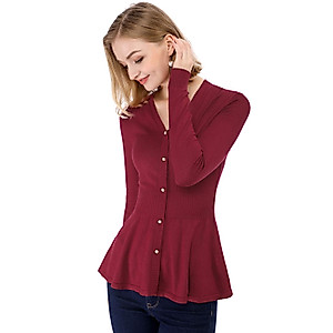 Allegra K Women's Peplum Sweater Ribbed V Neck Long Sleeve Knit Peplum Tops Small Burgundy
