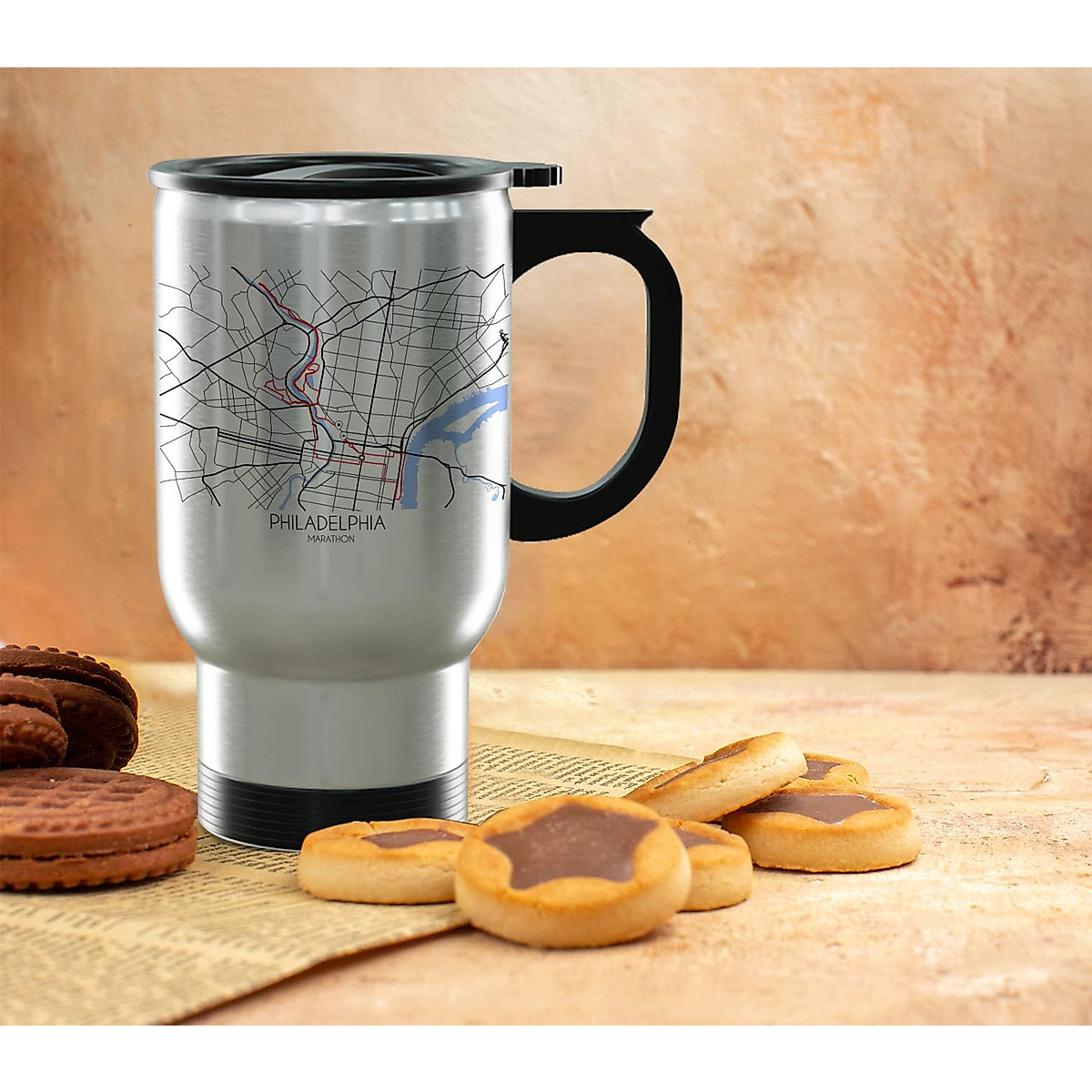 TJ Originals - Marathon Course Route Philadelphia Gifts and Souvenirs Unique Drinkware Race Memento NOVELTY DRINKWARE RANGE Best Map Sporting, Running, Cycling (14oz Travel Mug Steel)