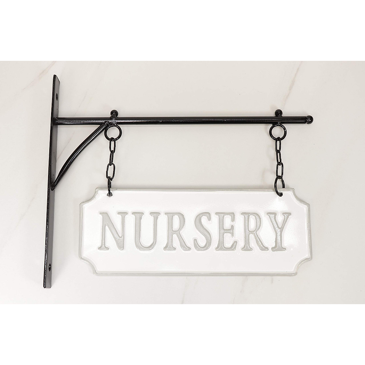 Silvercloud Trading Co. Rustic Hanging Double-Sided NURSERY Embossed Soft Gray on White Enamel Metal Sign with Bracket - Wall Decor - Room Label