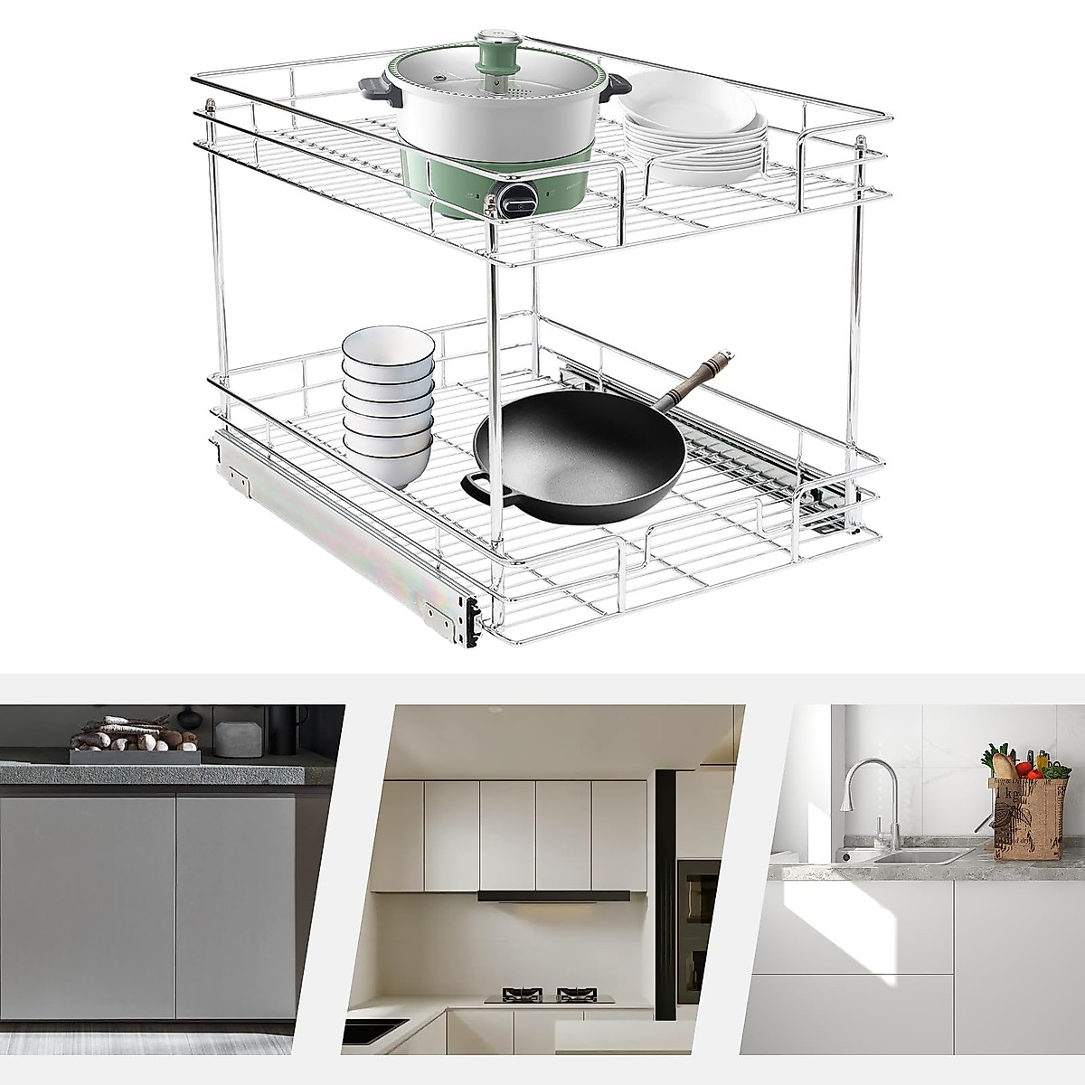 Vintoro Cabinet Organizer,Kitchen Helper,Pull Out Cabinet Organizer,Sink Organizer and Storage,2-Tier Cabinet Pull Out Shelves,for Bathroom,Laundry Room,Kitchen,Pantry(Silver,21.5 * 16.5 * 15in)