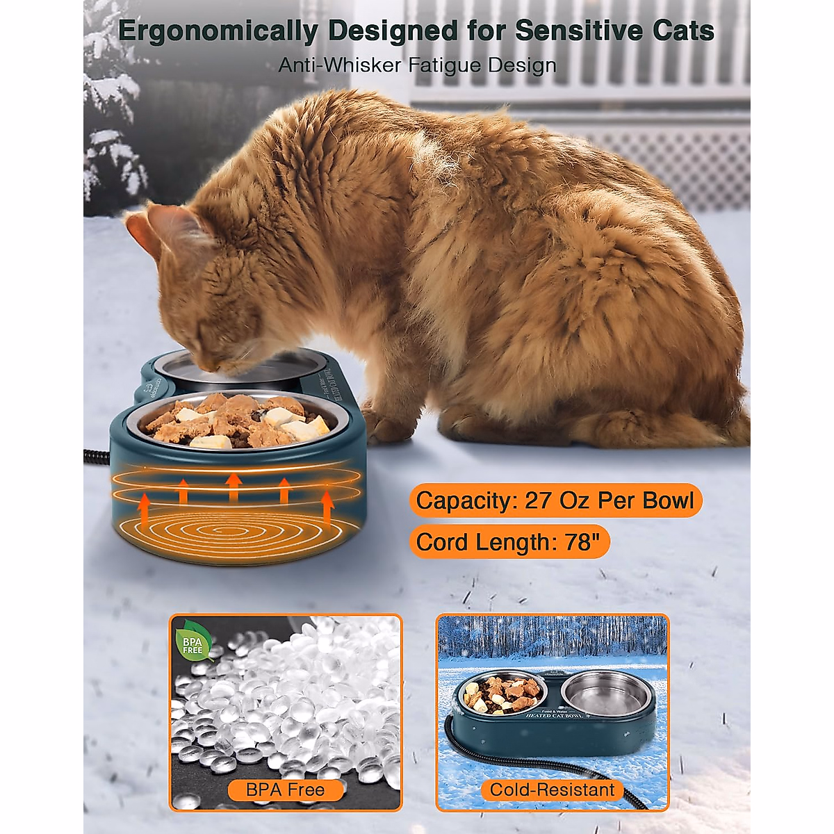 Clawsable Heated Water Bowl for Outdoor Cats with Removable Stainless Bowls, Coldproof & BPA Free, Waterproof Heated Pet Bowl Heater for Chickens Rabbit, Heated Bird Bath for Winter (27 oz)