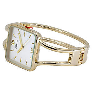 Blekon Collections Womens 30mm Square Elegant Metal Cuff Bangle Fashion Watch (Gold)