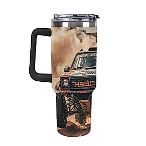 FHESDCW Off-road Racing Tumbler with Handle And Straw 40 Oz Leak Proof Large Capacity Car Cup Cupholder Friendly Stainless Steel Travel Coffee Mug Keep Cold Or Hot Black-style