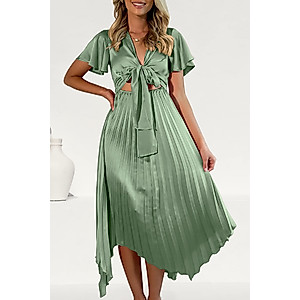 PRETTYGARDEN Women's 2023 Satin Summer Dress Short Sleeve V Neck Tie Front Cutout Pleated A Line Midi Dresses (Light Green,Medium)
