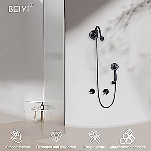 BEIYI 2 Handle Shower Faucet Set, Matte Black 5 Mode Shower Faucet Sets Complete Two Handle Shower Head and Handle Set Bathroom Shower Trim Kit with Rough-in Valve