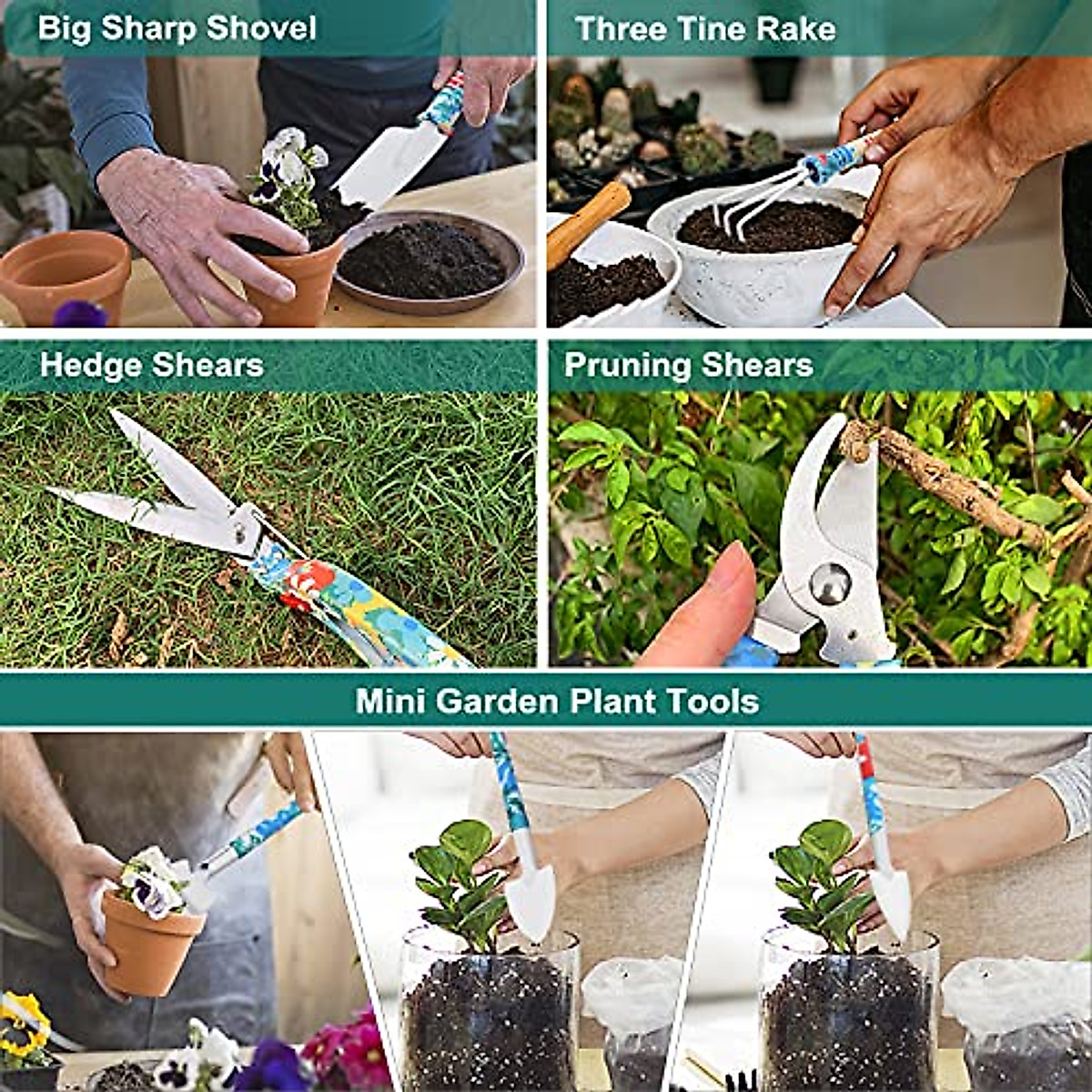 Tbltaca Garden Tool Set, Stainless Steel Heavy Duty Gardening Tools 30 PCS w/ Floral Print, Trowel Rake Weeder Pruner Shears Sprayer Digging Claw Gloves, Ideal Gardening Gift for Women