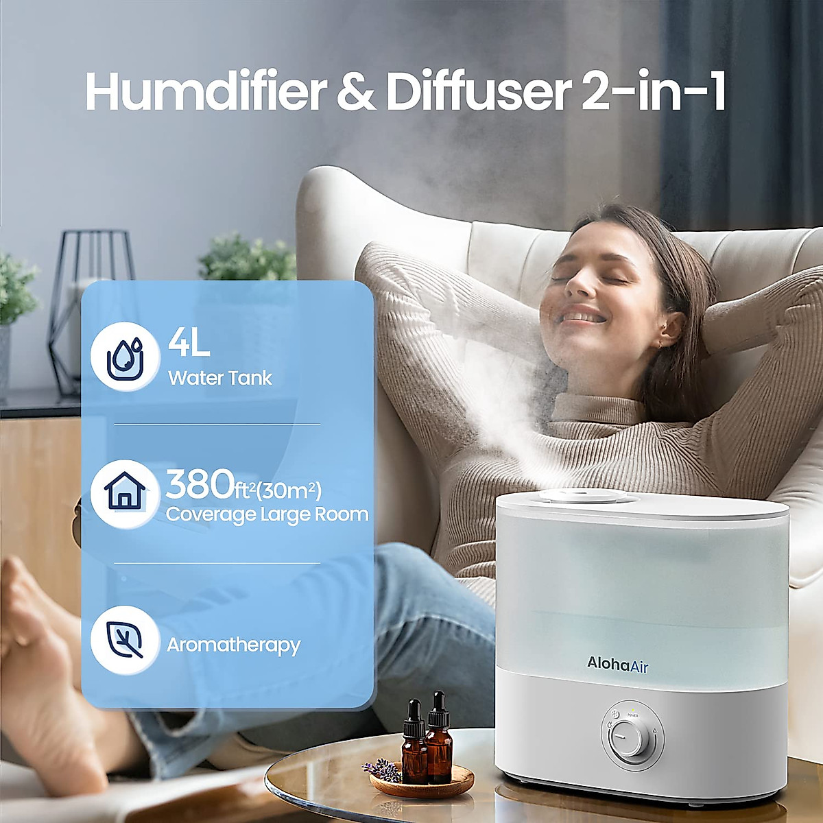 Humidifiers for Bedroom, 4.0L Humidifier for Home, Cool Mist Top Fill Essential Oil Diffuser, Large Room, Baby, and Plants, 7 Color Lights, Quiet, 360° Nozzle, Auto Shut-Off