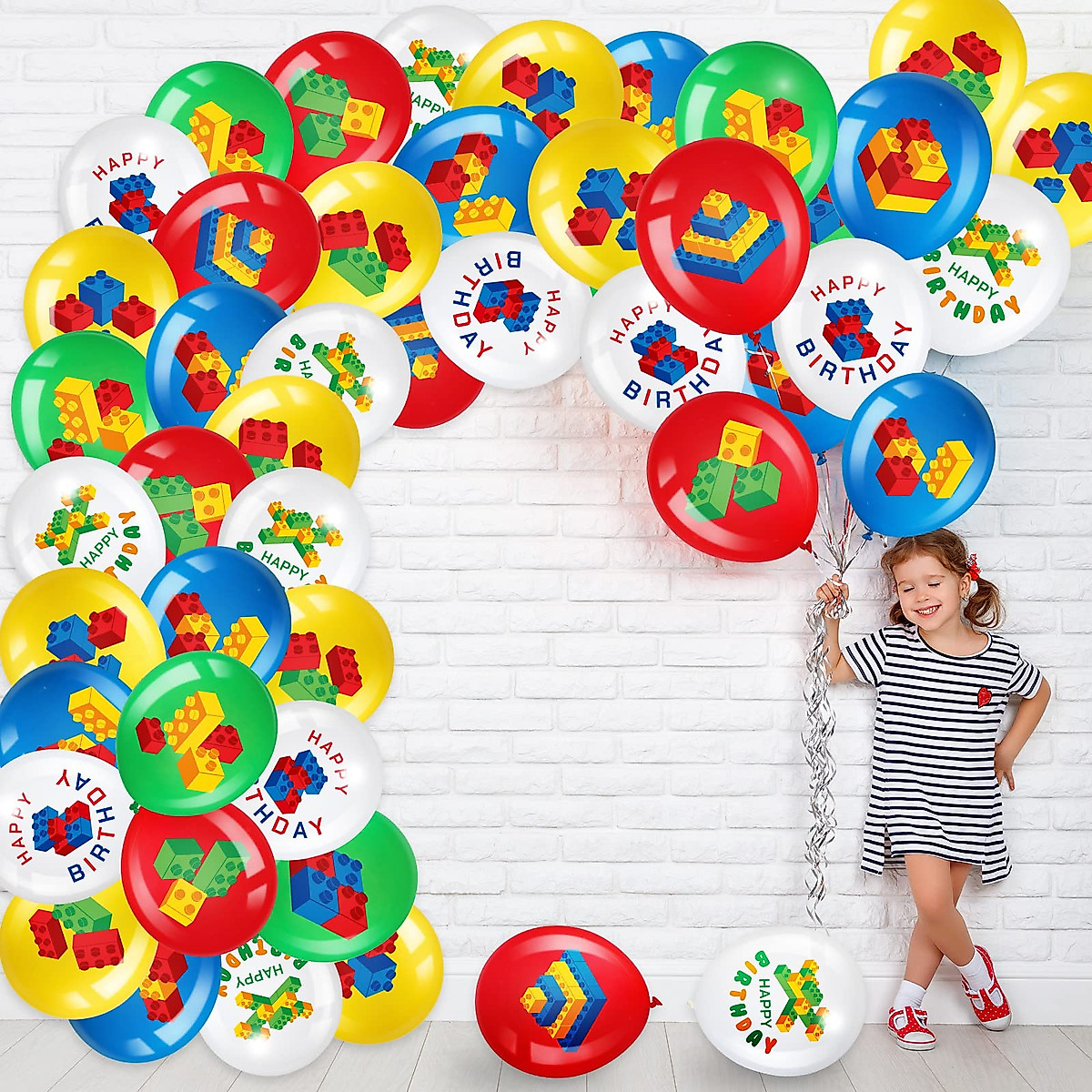 Harrycle 60 Pieces Building Blocks Birthday Party Balloons,brick Themed Latex Building Balloons Blocks Decorations for Kids Toddlers Birthday Party Supplies Decoration