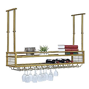 Industrial Hanging Wine Rack with Glass Holder and Shelf,Adjustable Ceiling Bar Wine Glass Rack,2-Layer Metal Wall Mounted Wine and Glass Rack,Iron Bottle Holder Wine Shelf(47.2in,Gold)