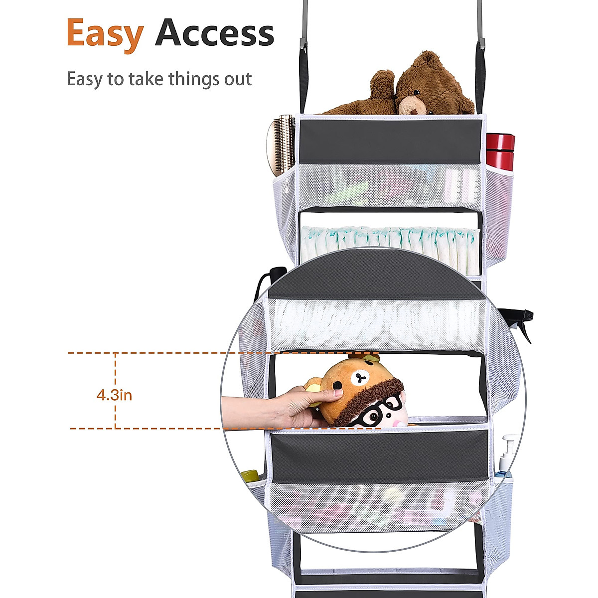 ULG Over Door Organizer with 4 Large Pockets 6 Mesh Side Pockets, 33 lbs Weight Capacity Hanging Storage Organizer with Clear Window for Bedroom Nursery, Baby Kids Toys, Diapers, Dark Grey (1 Pack)