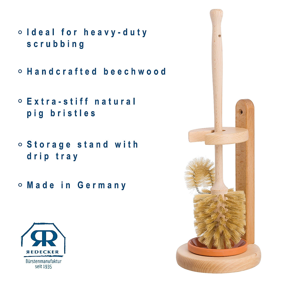 Redecker Natural Pig Bristle Toilet-Brush with Untreated Beechwood Handle, 14-1/2-Inches