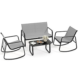 YITAHOME 4 Piece Patio Furniture Set, Small Backyard Bistro Rocking Chairs, Loveseat and Glass Table, Textilene Outdoor Conversation Set for Lawn, Garden, Balcony, Poolside (Grey)