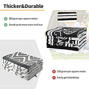 nalone Reversible Mats, Outdoor Rugs 6x9 for Patio, Outdoor Plastic Straw Rug, New York Patio Country Retro Transitional Geometric Outdoor Area Rug for RV, Camping, Deck, Picnic (6'X9', Black&White)