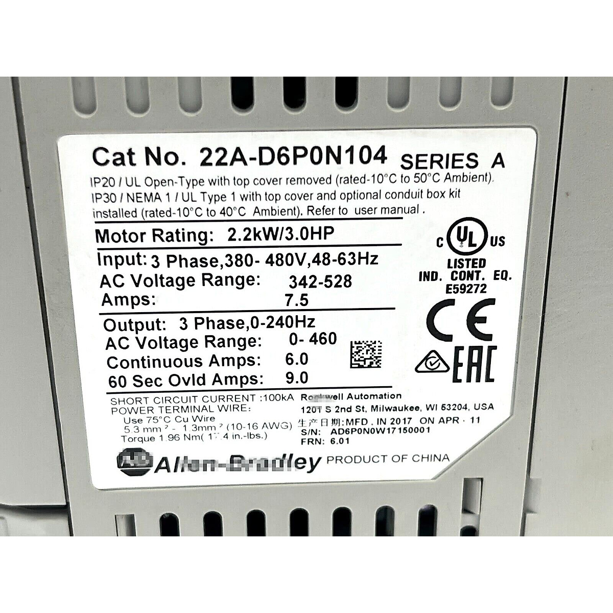 22A-D6P0N104 PowerFlex 4 AC Drive 480V 2.2KW VFD 22A-D6P0N104 Sealed in Box 1 Year Warranty