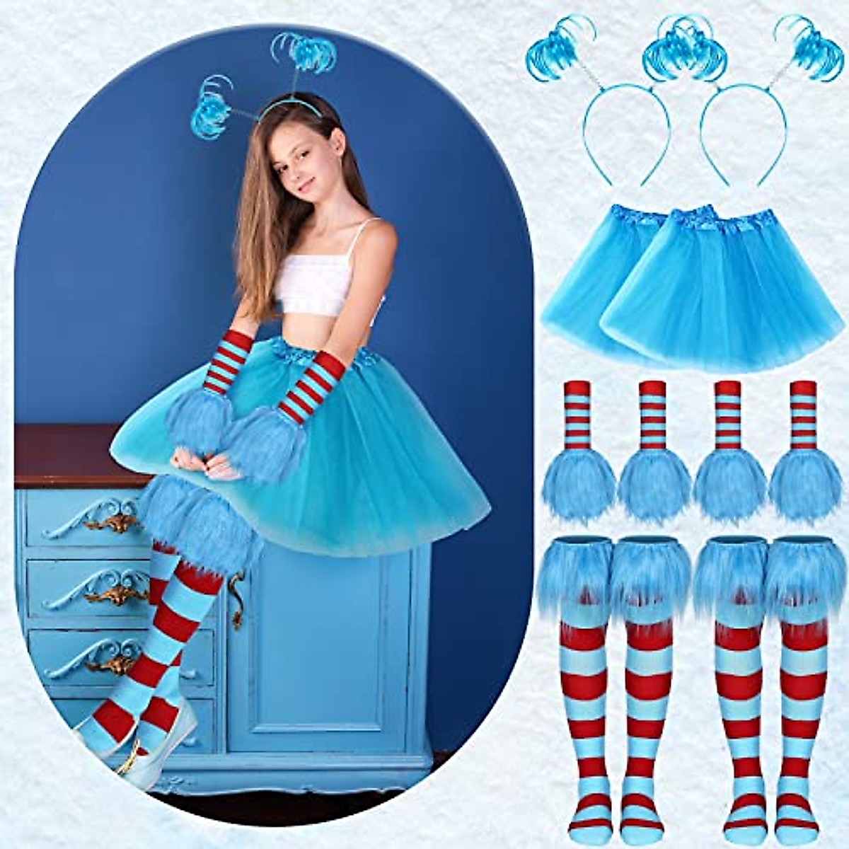 Leyndo 12 Pcs Tutu Women Costume Sets for 2 Girls School Classroom Reading Activities Costume Skirt Arm Socks Gloves Headband(Blue)