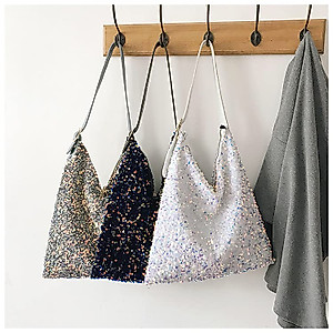 AWXZOM Sequin tote bag for women, sparkle shoulder bag for ladies, glitter handbags shiny hobo bag for women