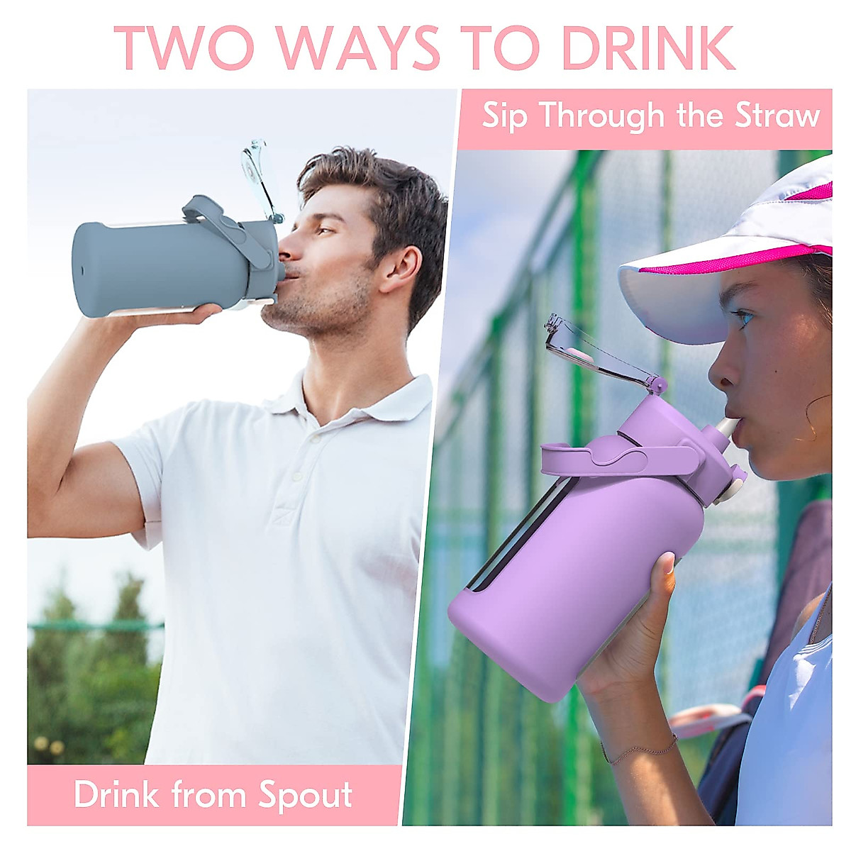 Zukro 64 oz Glass Water Bottle, Motivational Reusable Large Half Gallon Reusable Water Jug With Handle and Straw, Silicone Sleeve for Sport, Gym and Workout, Time Marker Reminder Quotes to Drink