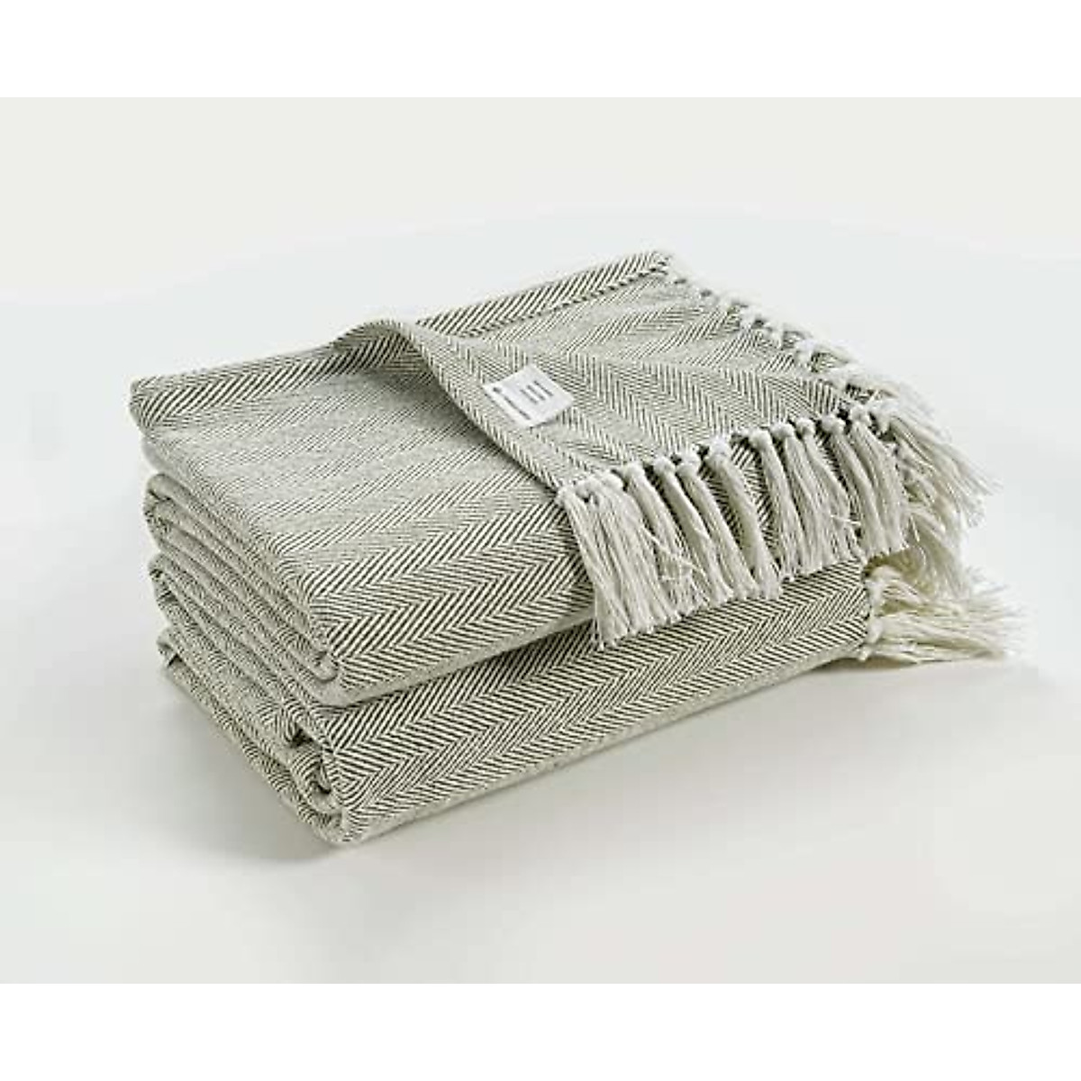 LANE LINEN Super Soft Throw Blanket for Couch & Bed - Classic Herringbone Weave with Tassel Cotton Lightweight Breathable Durable Cozy Warm – Pack of 2 50”x70” Sage Green