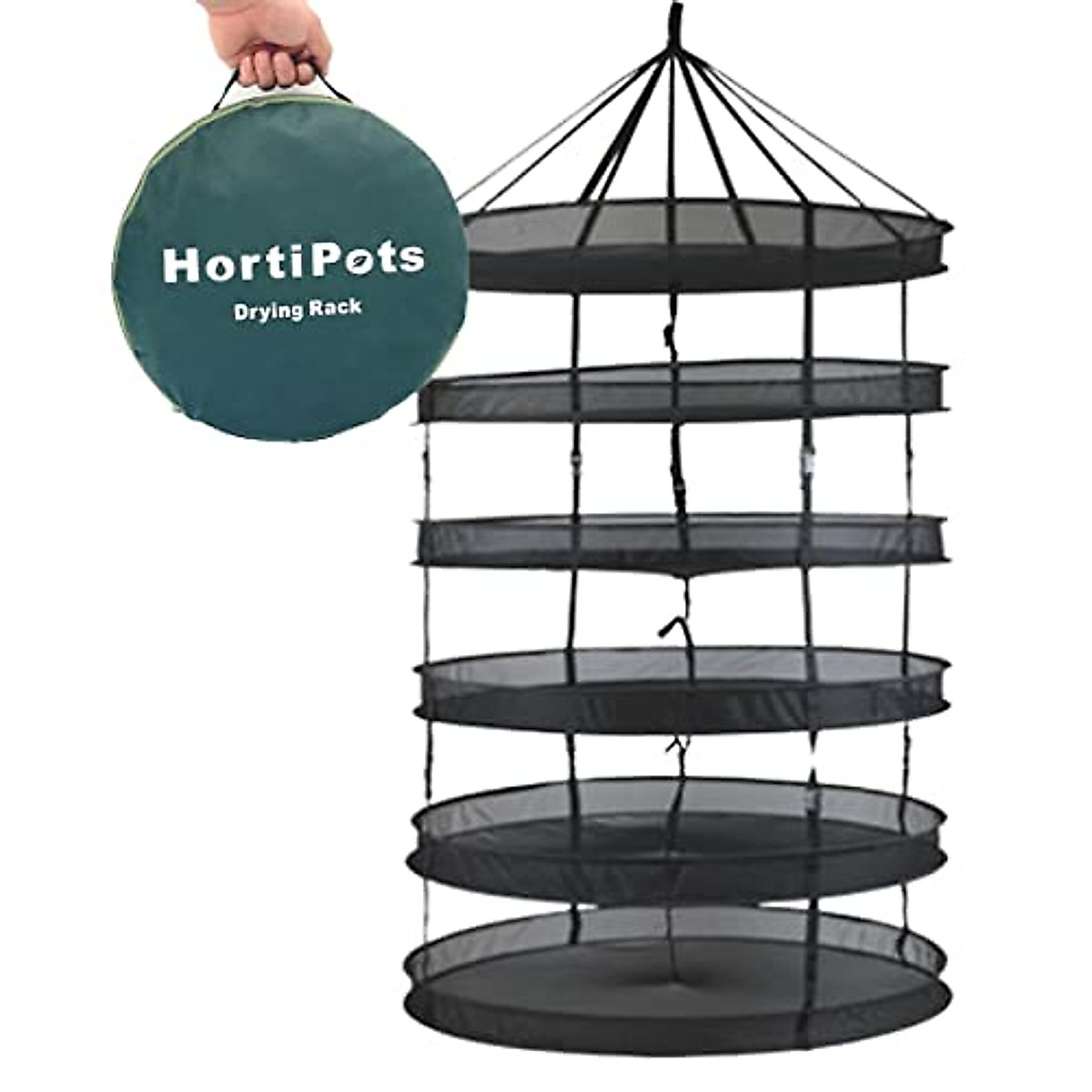 HORTIPOTS Herb Drying Rack 360 Degree Access 3 Feet Clip Adjustable Center Support Straps NO Sagging Fine Mesh Netting (Heavy Duty Clips 3FT)