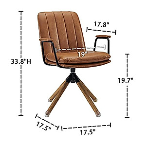 Volans Home Office Desk Chair, Oak Wood Legs, Modern PU Leather Desk Chair No Wheels, Executive Swivel Arm Chair, Mid Back Office Chair, Yellow Brown