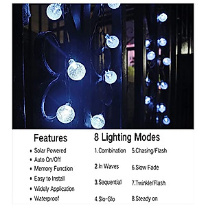 Joomer Outdoor Solar String Lights 45.5Ft 60 LED Solar Powered String Lights Waterproof,8 Modes Crystal Ball Lights Solar Fairy Patio Lights for Garden, Lawn, Porch, Gazebo, Bistro(White)