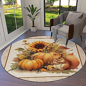 Thanksgiving Vintage Round Area Rug 4ft,Washable Outdoor Indoor Carpet Runner Rug for Bedroom,Kitchen,Living Room,Office,Area+Rug Large Bath Door Desk Floor Mat Fall Pumpkins Squirrel Sunflower