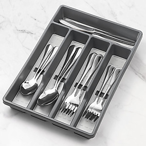 CherHome Silverware Organizer with Cutlery Icons，Silverware Tray for Kitchen Drawer，Plastic Flatware Tableware Silverware Drawer Organizer Utensil Organizer with Non-slip TPR Linings，5-Compartment