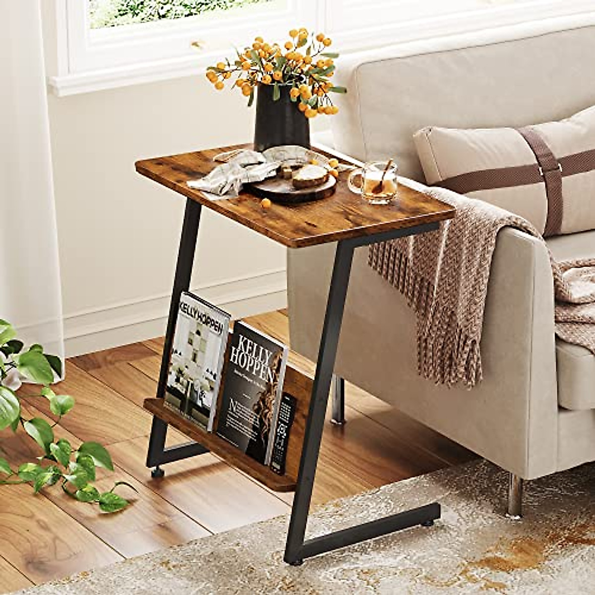 WLIVE Snack Side Table, C Shaped End Table with Magazine Rack for Sofa Couch and Bed, TV Tray Table with Metal Frame, Industrial, for Living Room, Bedroom, Easy Assembly,Rustic Brown and Black