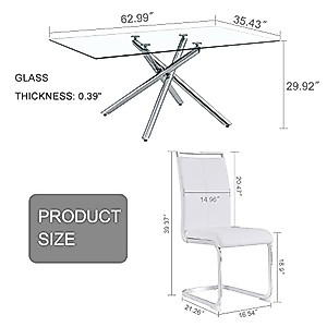 Ebullient 63" Glass Dining Table Set for 6 Modern Tempered Glass Top Dining Room Table with 6 Pcs White Faux Leather Dining Chairs，Kitchen & Dining Room Sets (Silver Base, White)